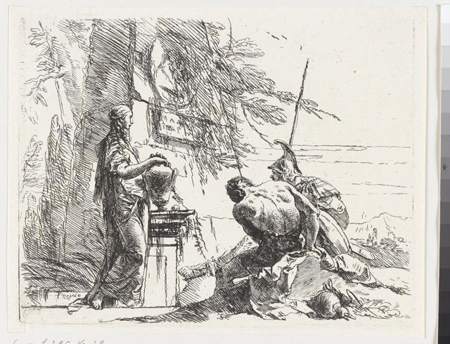 Stehende Frau mit Vase und zwei Männern vor einem Obelisken (Varj ...